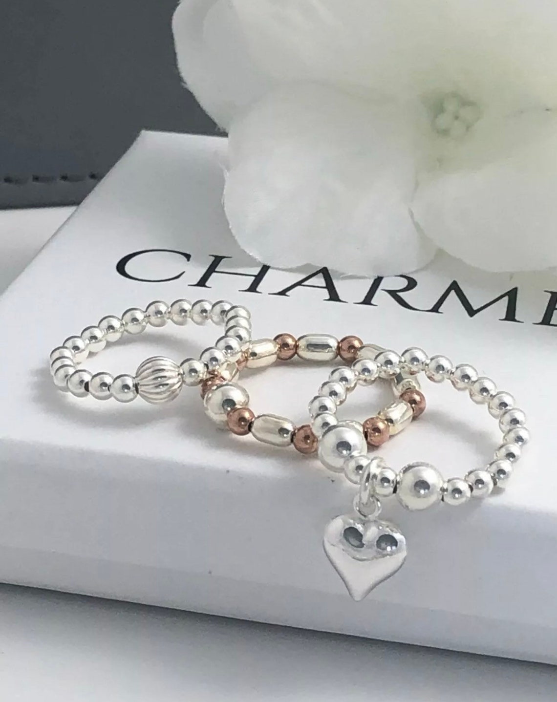 Sterling silver stretch ring set 3 stretch rings with heart | Etsy