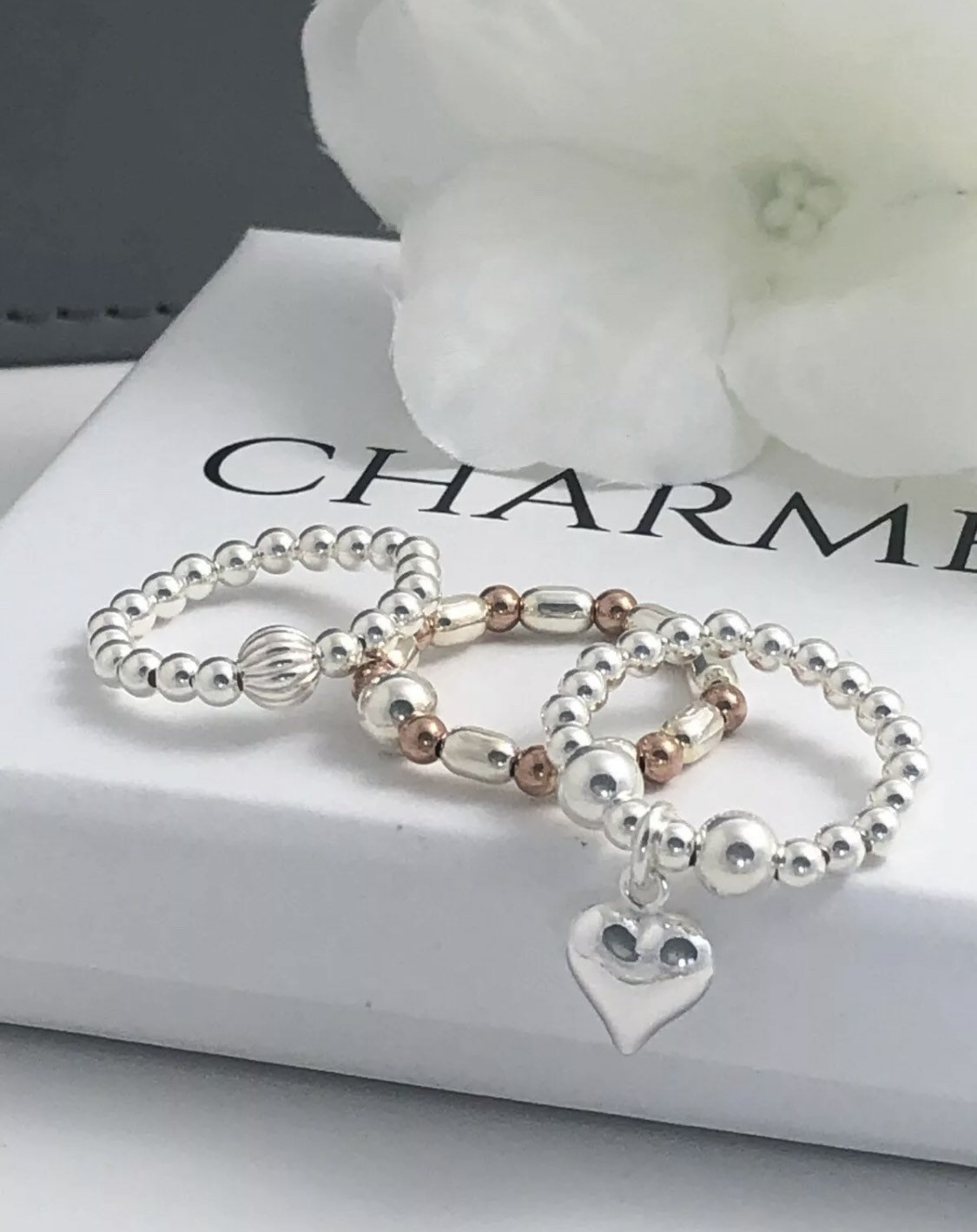 Sterling silver stretch ring set 3 stretch rings with heart | Etsy