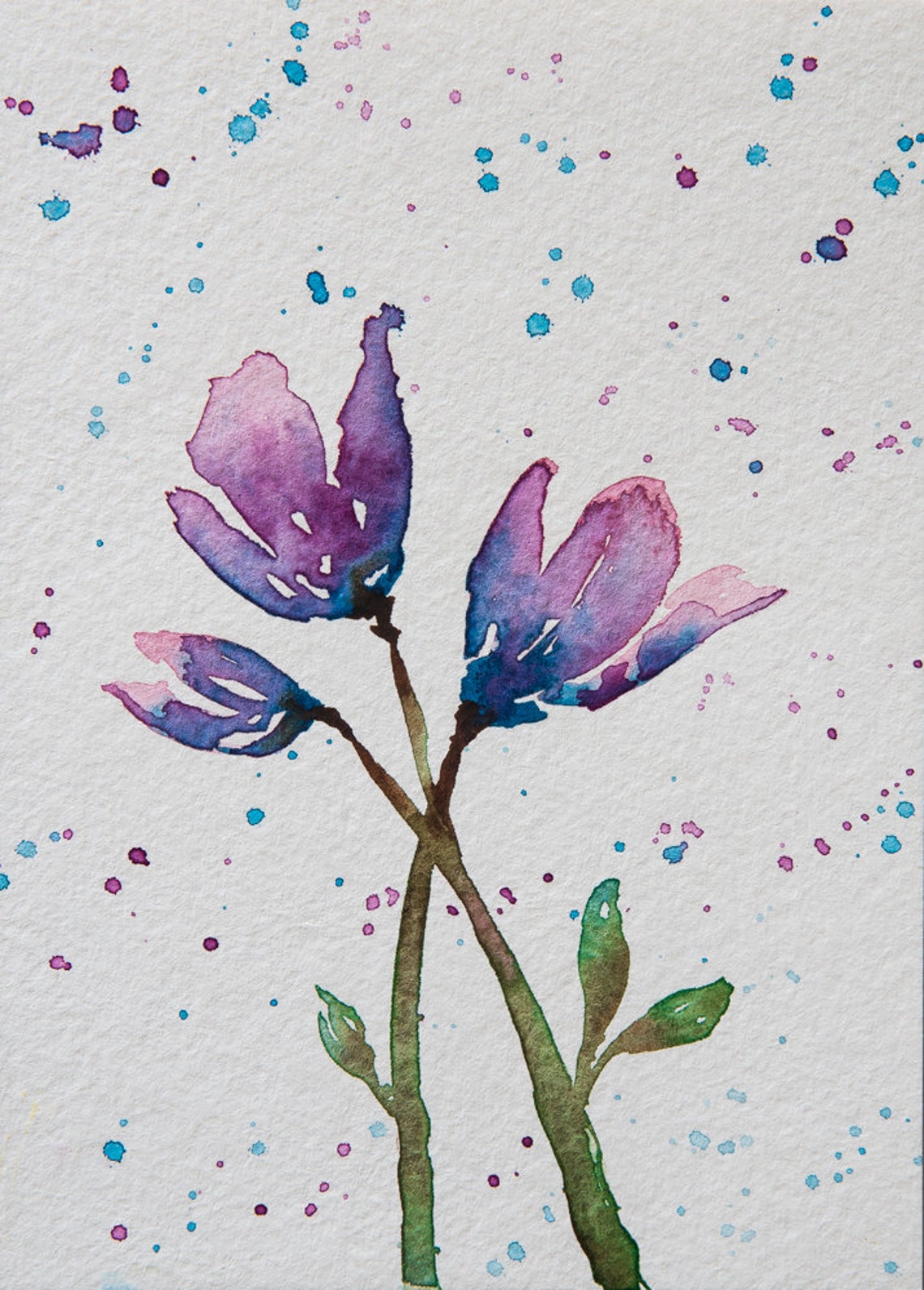 Watercolor Flowers Original Watercolor Greeting Card, Pink Blue and ...