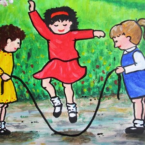 Girl Skipping Rope Original Colorful Art Pink Blossom Tree - Etsy