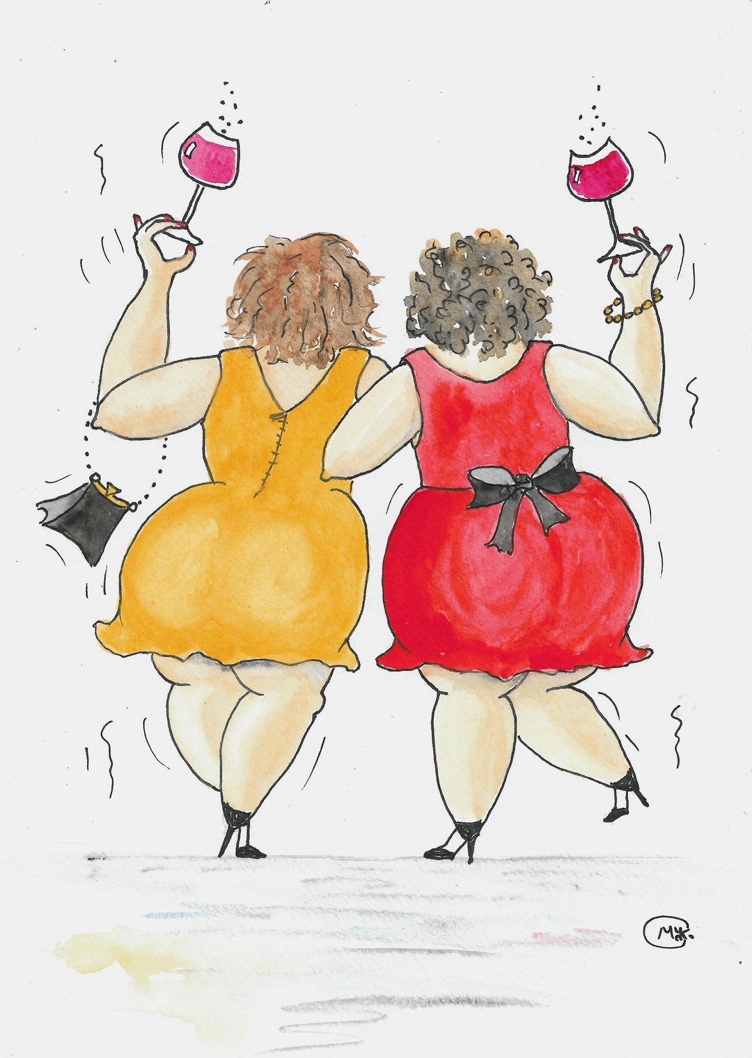 Cheeky Girls, Humor, Big Lady Original Art by Marjansart, Wine, Curvy ...
