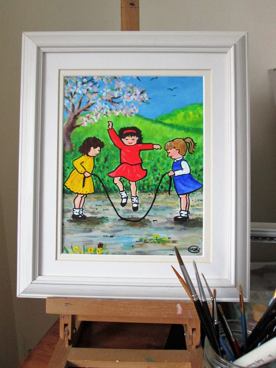 Girl Skipping Rope Original Colorful Art Pink Blossom Tree - Etsy