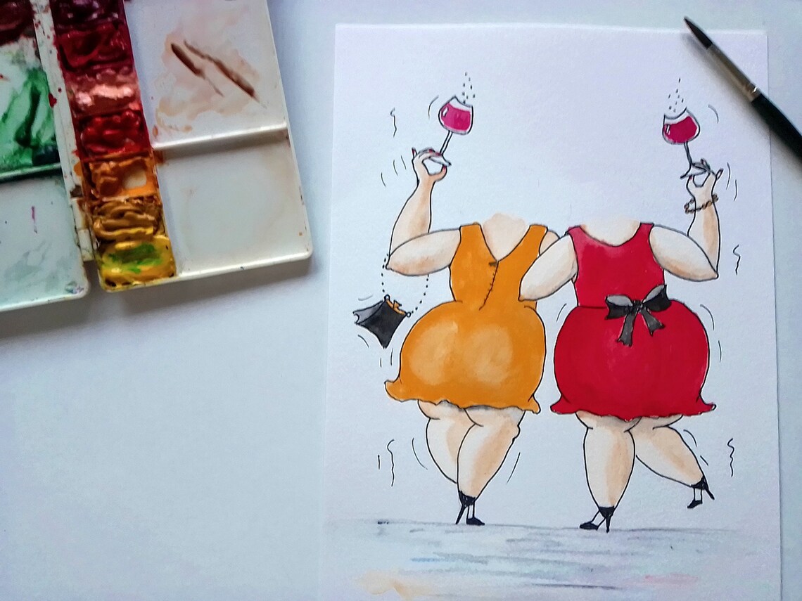Cheeky Girls, Humor, Big Lady Original Art by Marjansart, Wine, Curvy ...