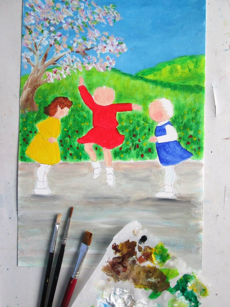 Girl skipping rope original colorful art pink blossom tree | Etsy