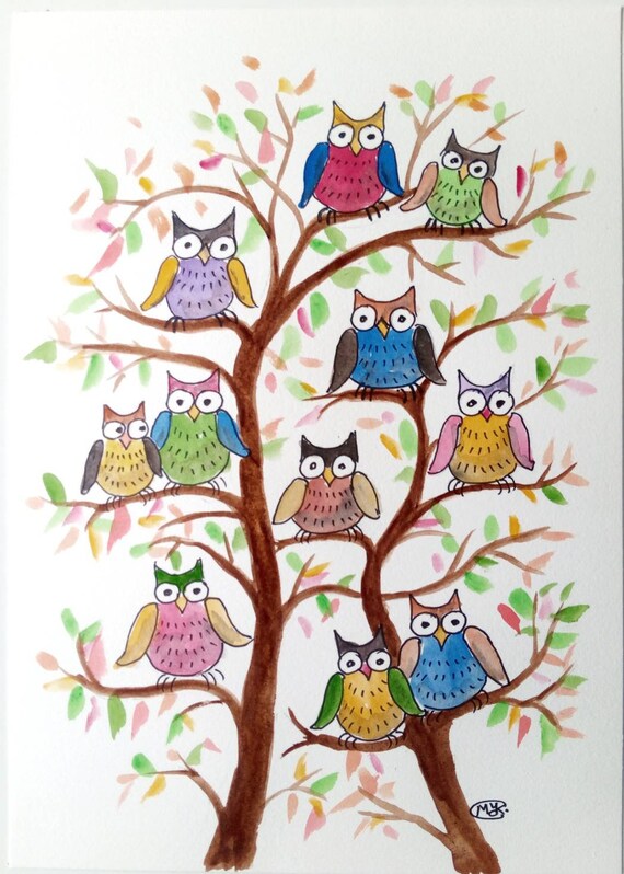 Colorful Owls In A Tree
