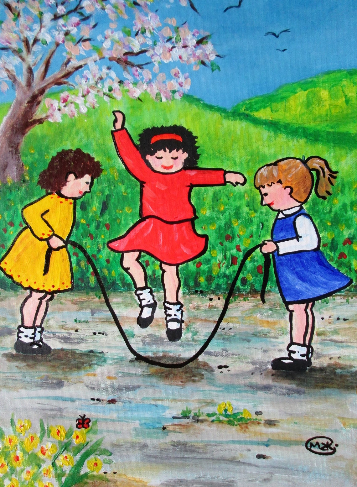 Girl Skipping Rope Original Colorful Art Pink Blossom Tree - Etsy