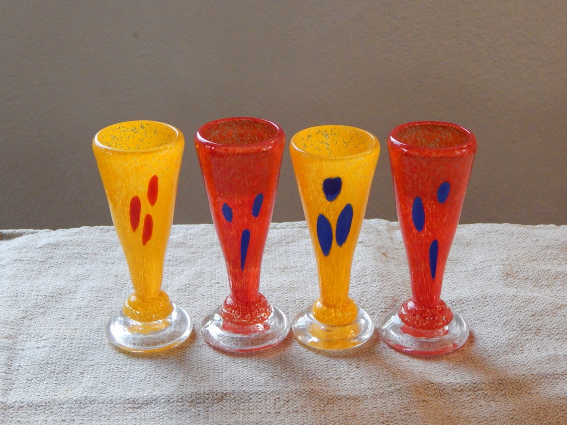 Bright Shot Glasses Set of 4 Red Yellow Vodka Glass Hand Made - Etsy