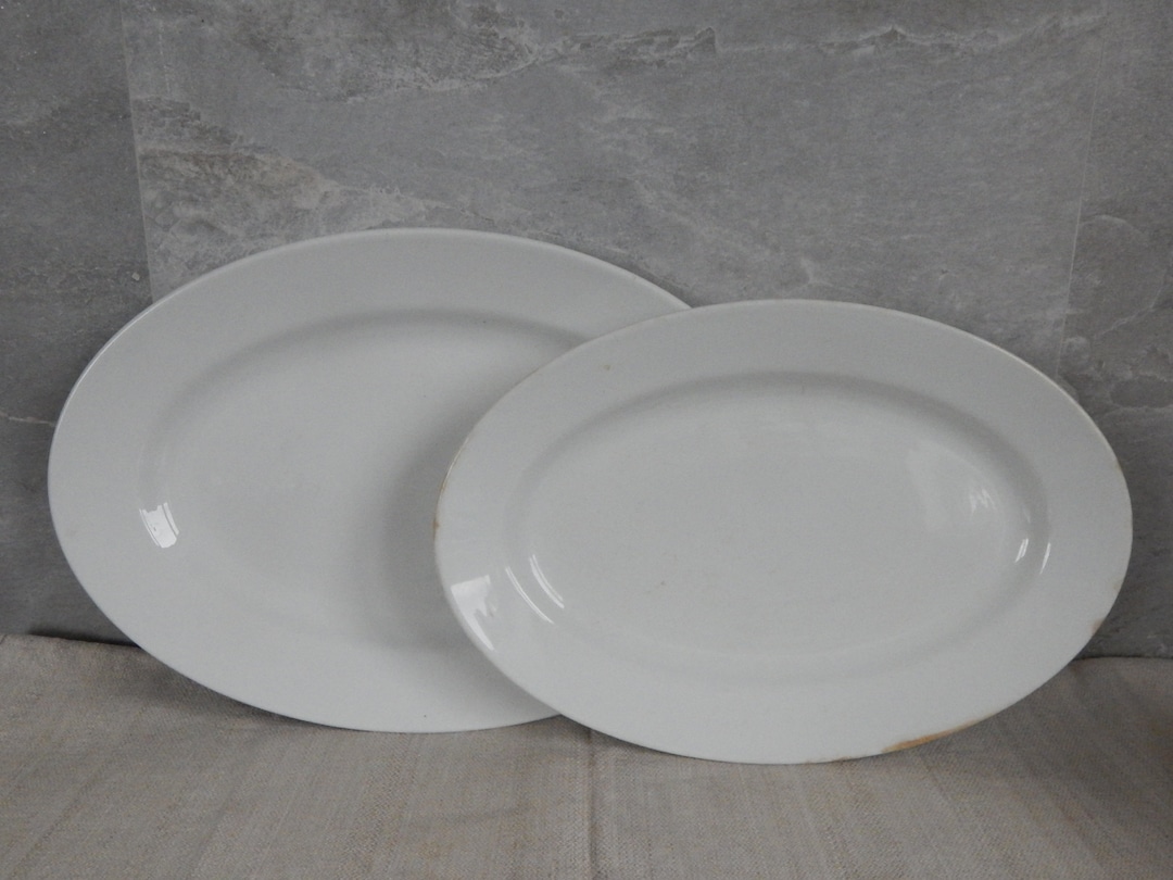 Set of 2 Extra Large Antique White Platter Big Serving Dish Oval Plate ...