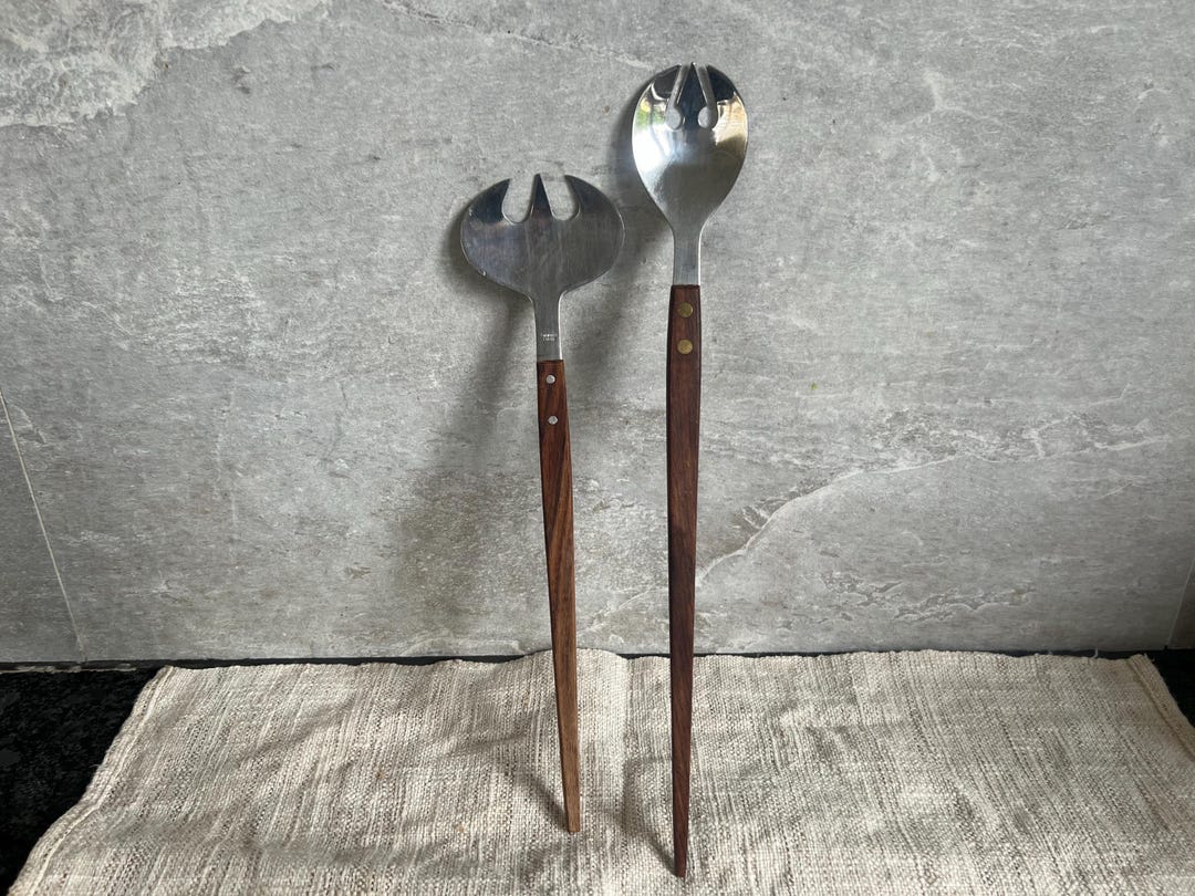 Scandinavian Vintage Tall Teak Wood Handle Salad Spoons Kitchen ...