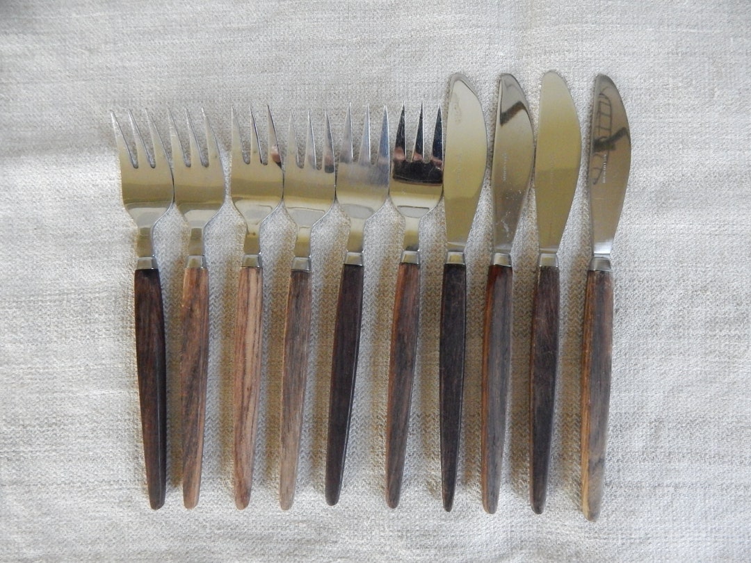 Set of 6 Forks 4 Knives Scandinavian Vintage Cutlery With Wooden Handle ...