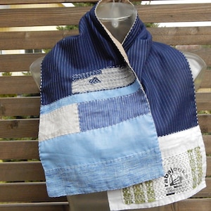 Patchwork Scarf Light Neckwear Quilting Muffler Handmade Patched Antique Fabric White and Blue ...