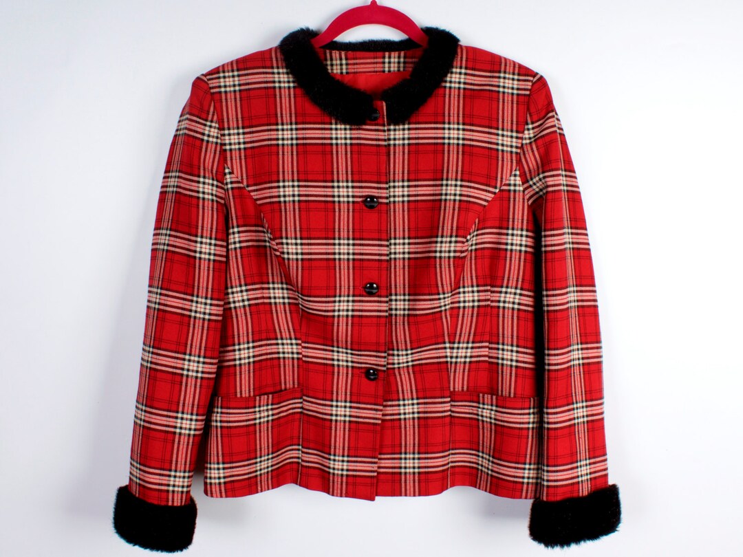 Checkered Red Jacket City Style Cardigan Faux Fur Collar High - Etsy