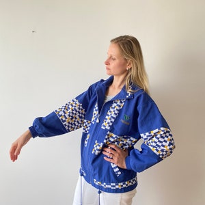 Navy Blue White Unisex Jacket Checkered Windbreaker Sports Weather ...