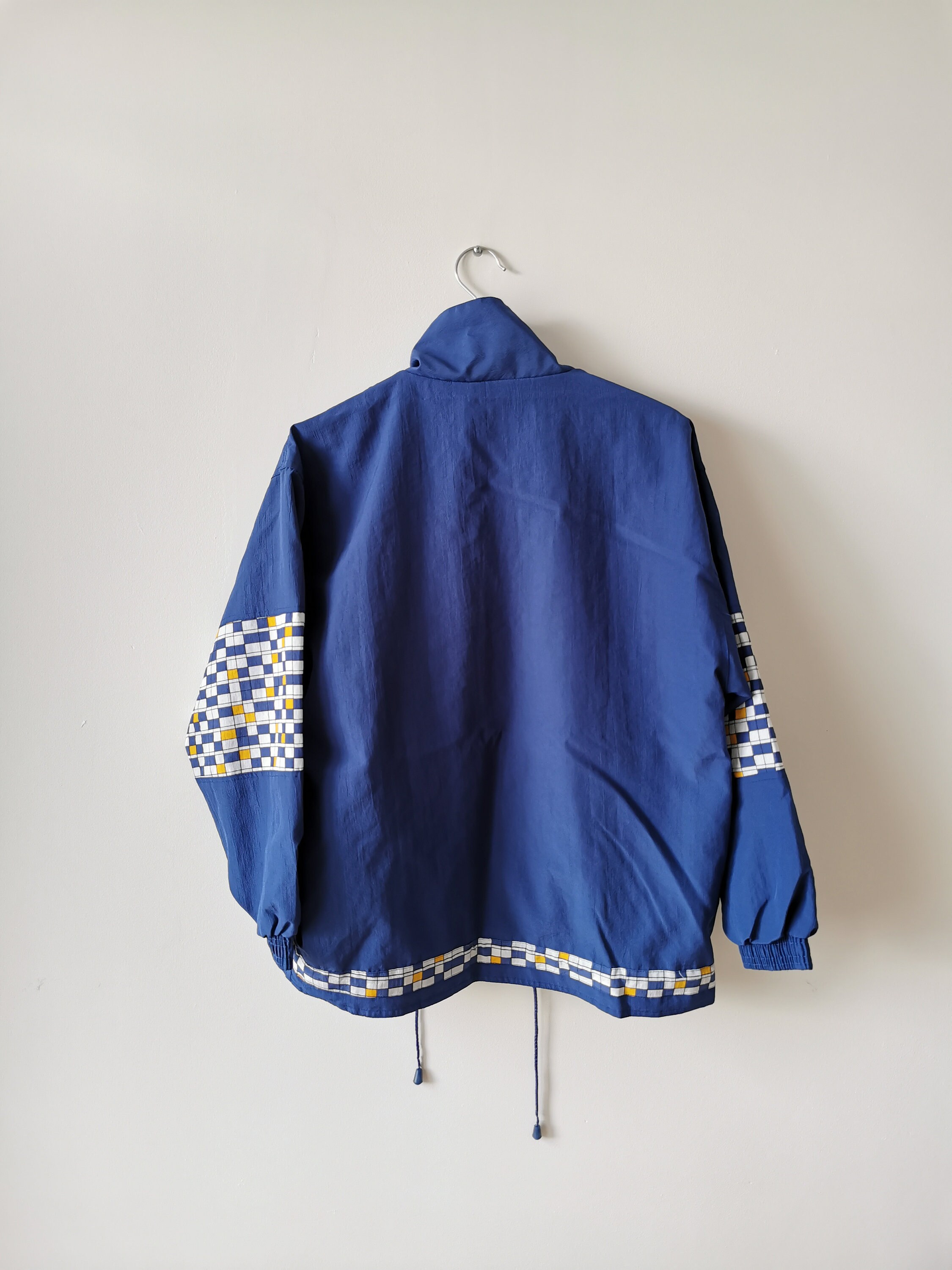 Navy Blue White Unisex Jacket Checkered Windbreaker Sports Weather ...