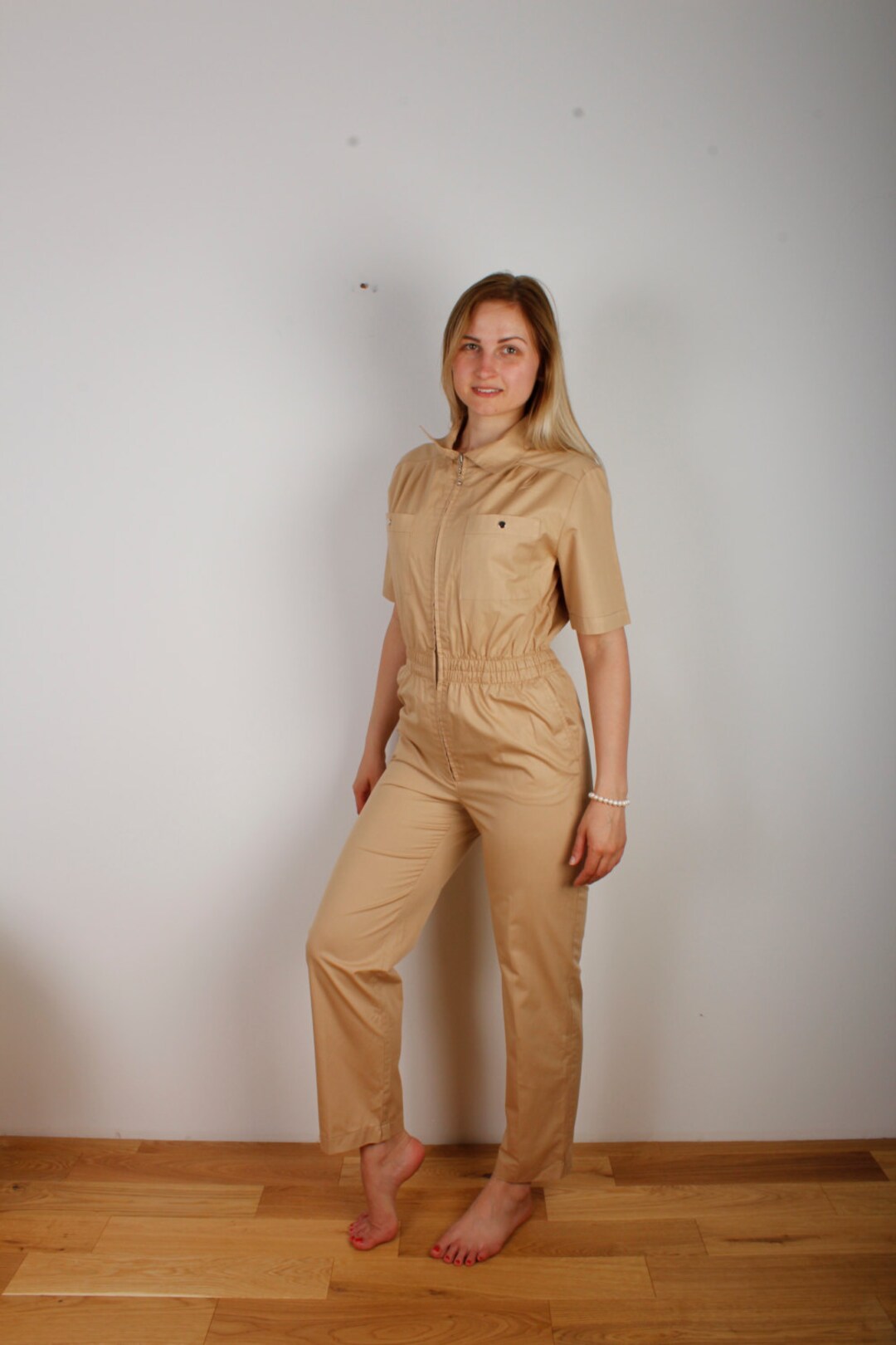 80s Beige Overall Bodysuit Jumpsuit Evening Romper Brown Military Style ...
