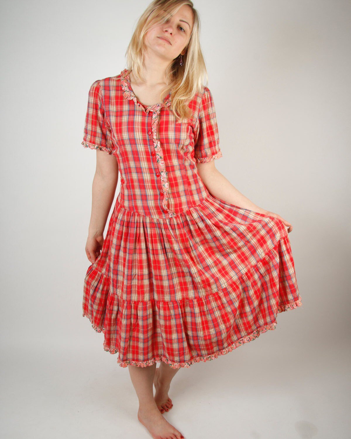 Red Dirndl Folksy Dress Maxi Long Summer Cotton Boho Dress Short Sleeve ...