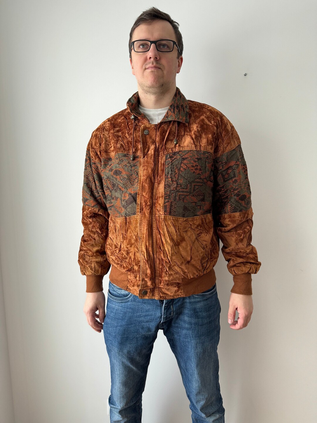 Brown Velvet Men Vintage Jacket Autumn Fall Knitted Ornament Pocket 80s ...