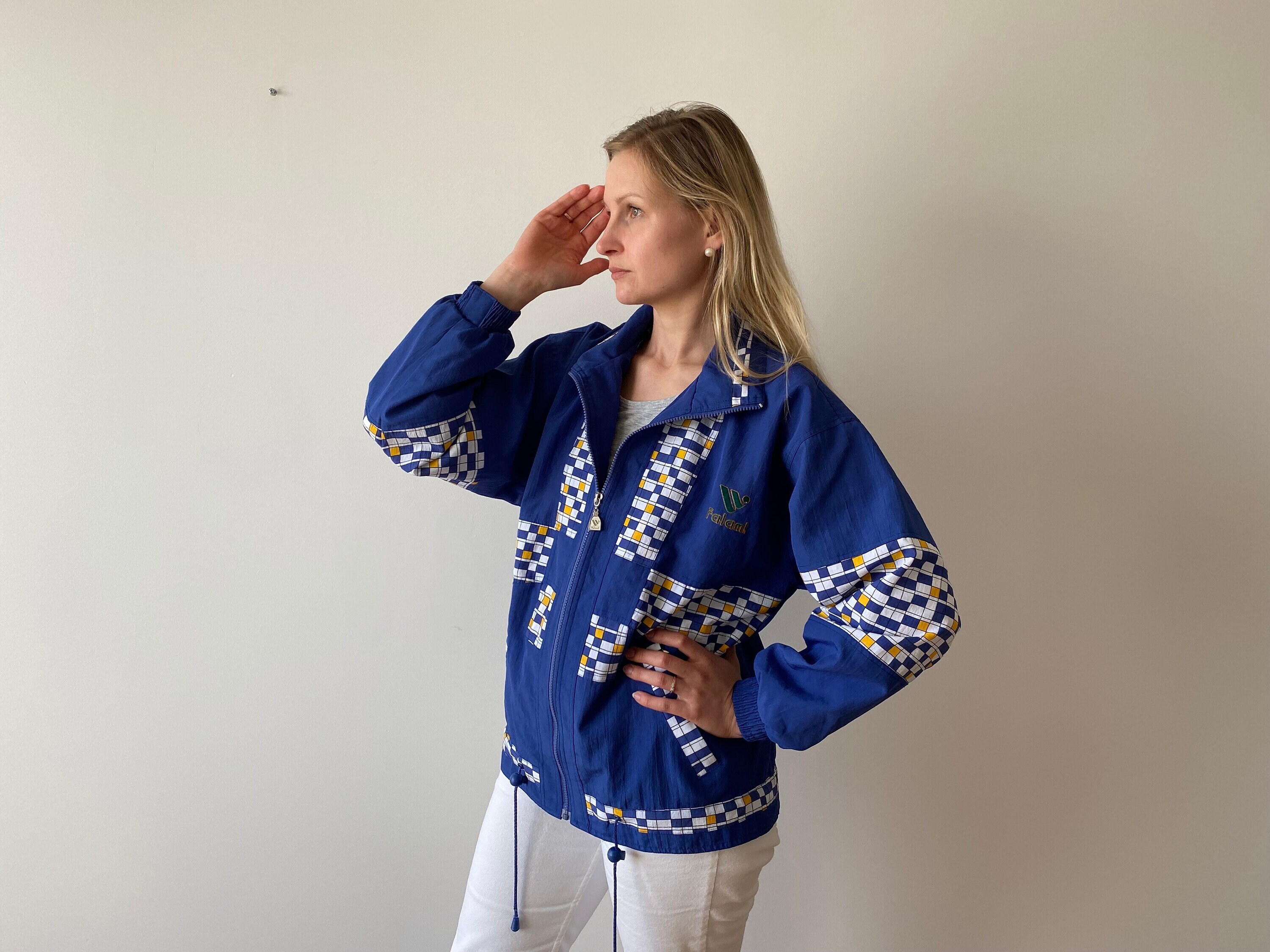 Navy Blue White Unisex Jacket Checkered Windbreaker Sports Weather ...