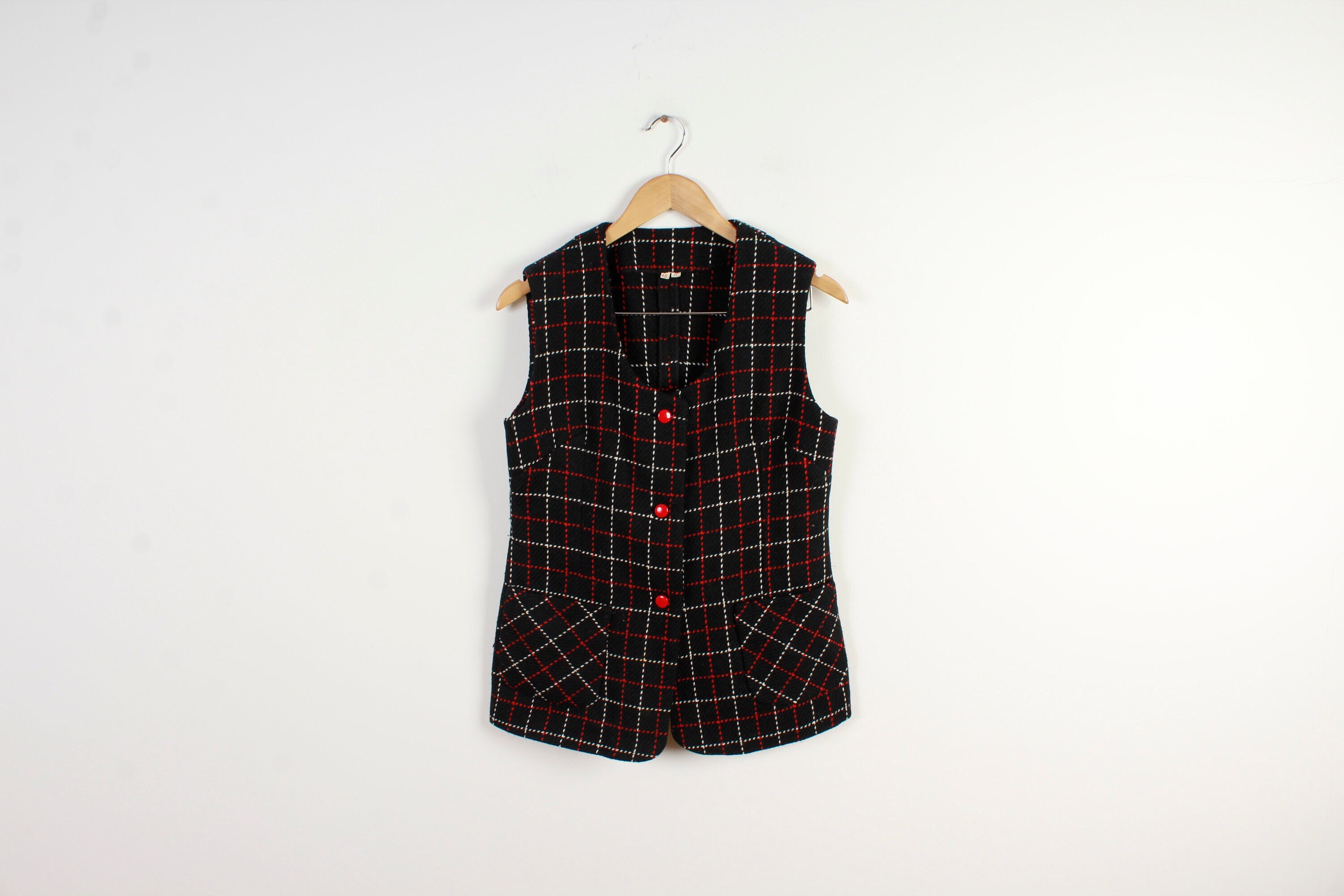 Vintage Checkered Women Vests Long Black Waistcoat Red White Stripes ...