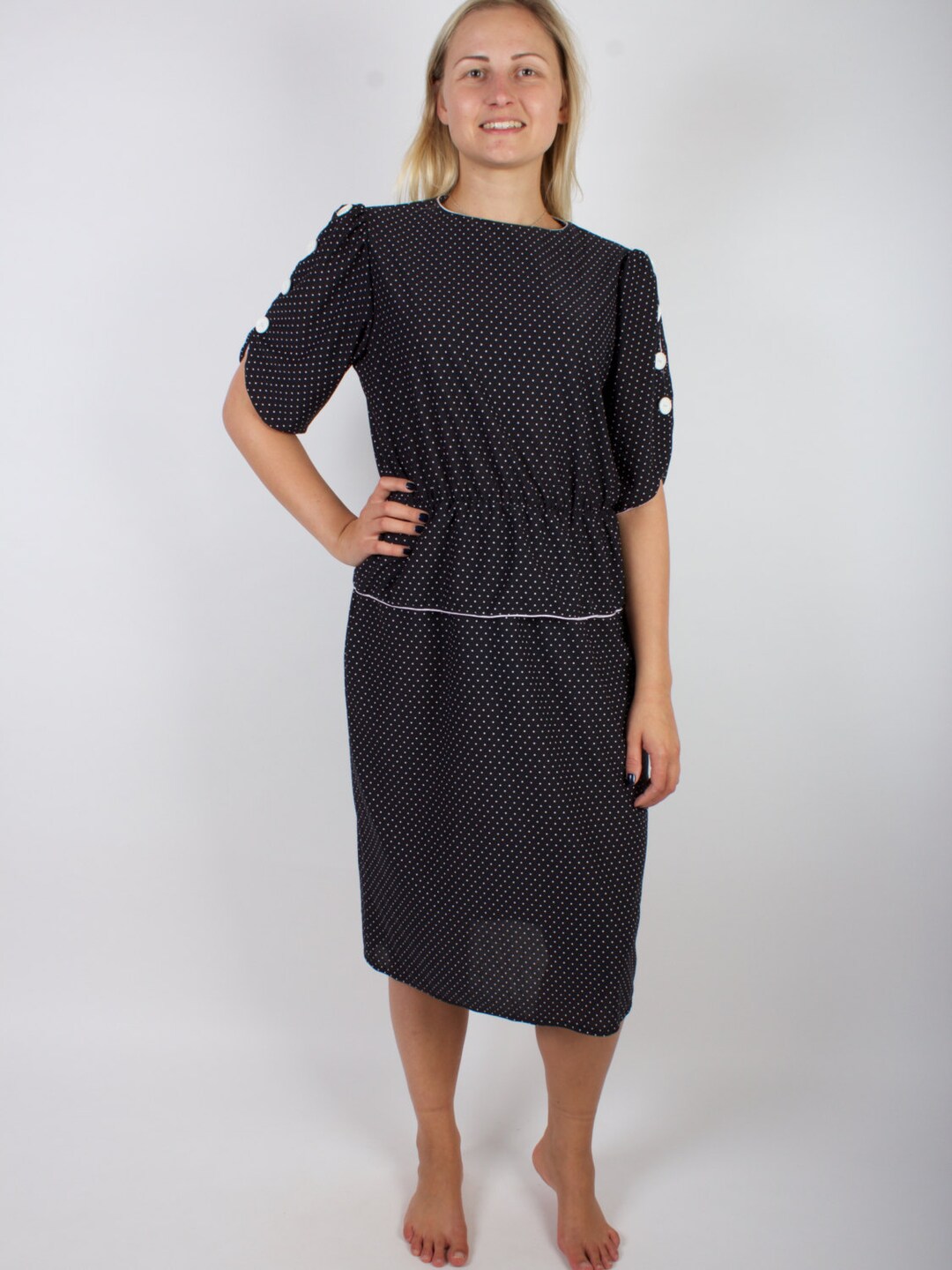 Polka Dot Retro Dress Black and White 80s Disco Style Vintage Dress ...