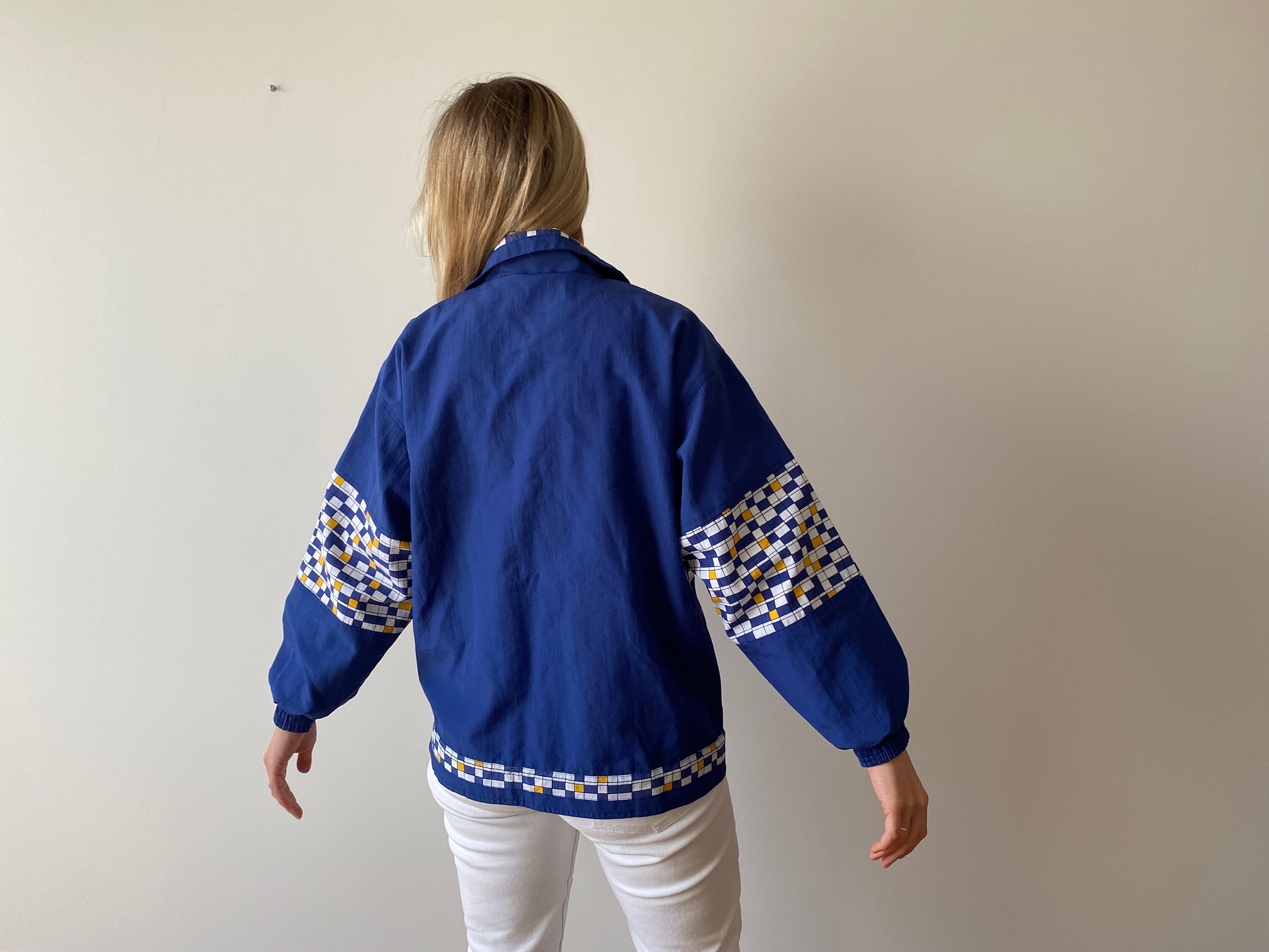 Navy Blue White Unisex Jacket Checkered Windbreaker Sports Weather ...