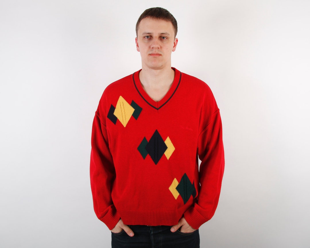 Red PIERRE CARDIN Men Sweater Patterned Vintage Geometrical - Etsy
