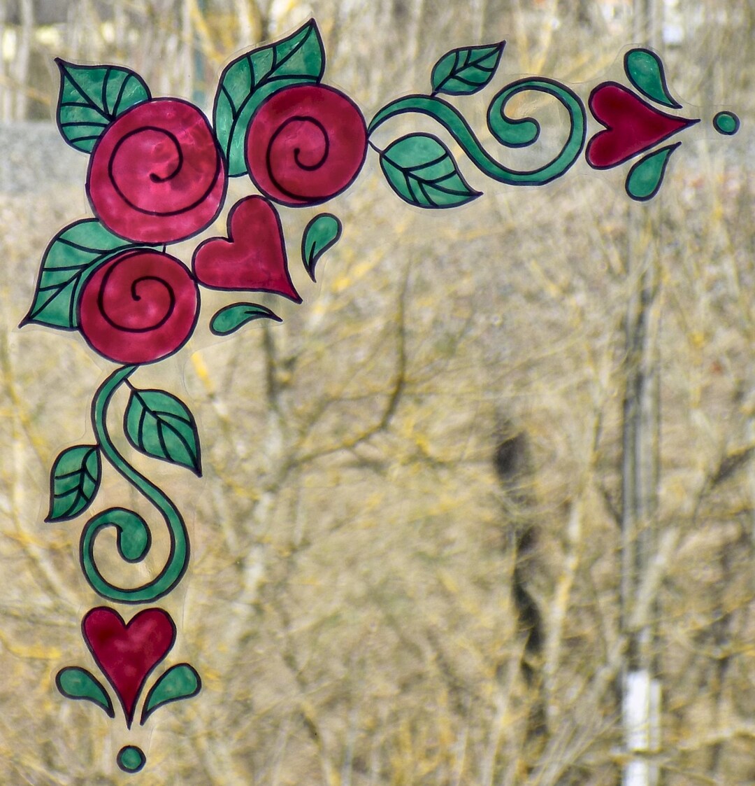 Stained Glass Effect Window Cling Roses and Hearts Corner Decal - Etsy