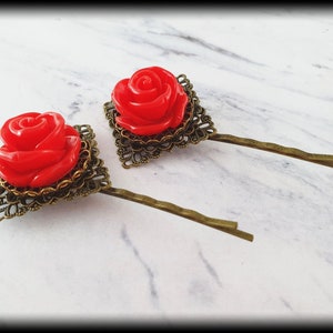 Red Rose Bobby Pins Two Piece Set Rose Floral Hair Pins Women - Etsy