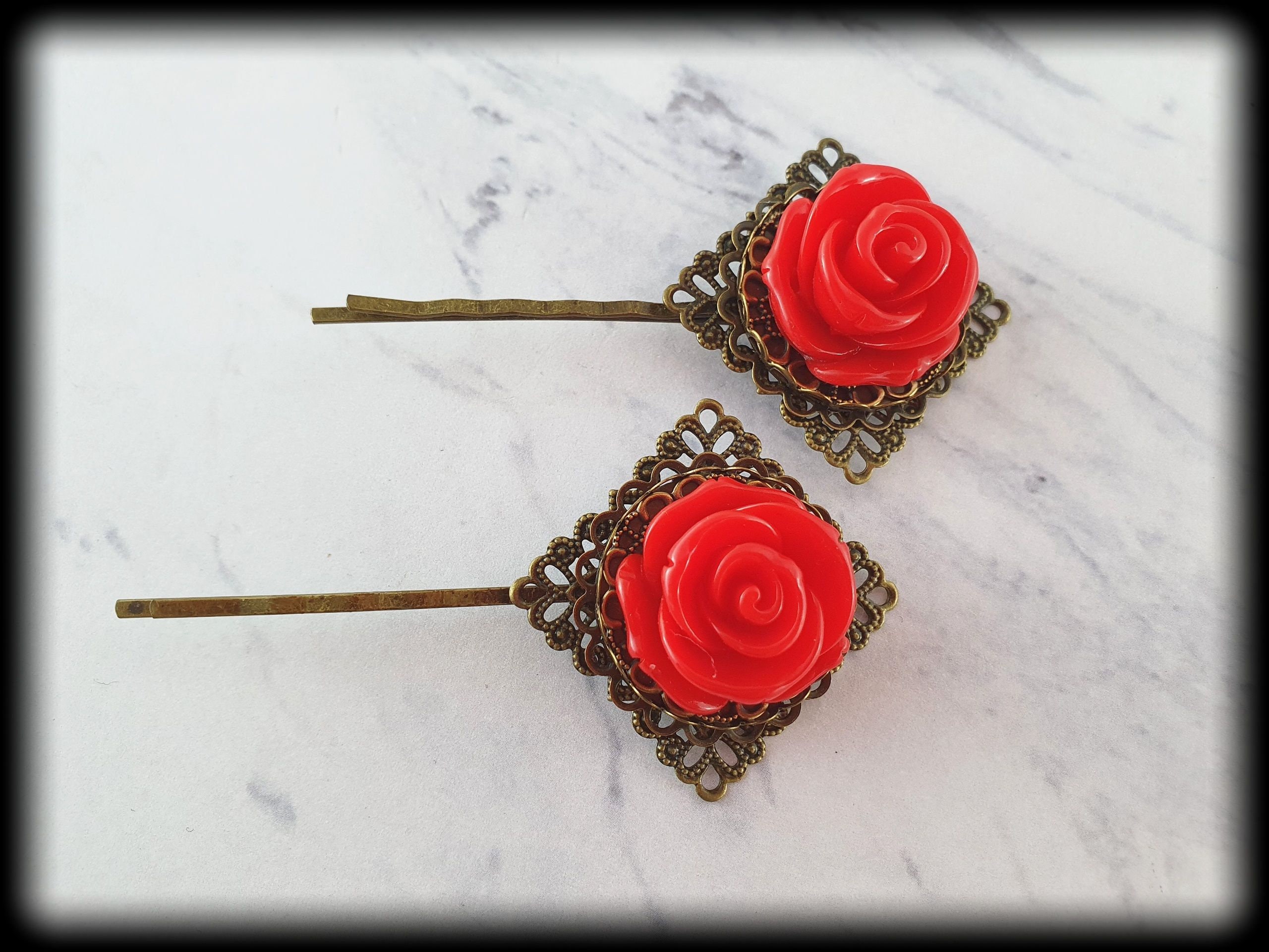 Red Rose bobby pins two piece set Rose floral hair pins women | Etsy
