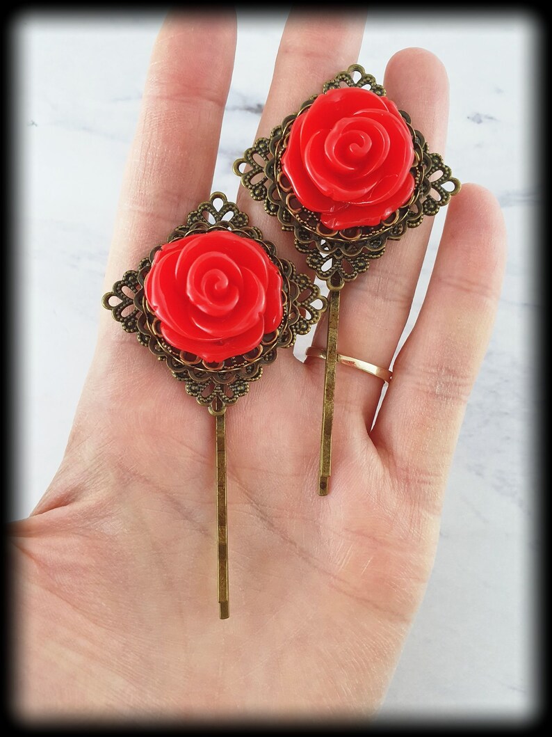 Red Rose Bobby Pins Two Piece Set Rose Floral Hair Pins Women - Etsy
