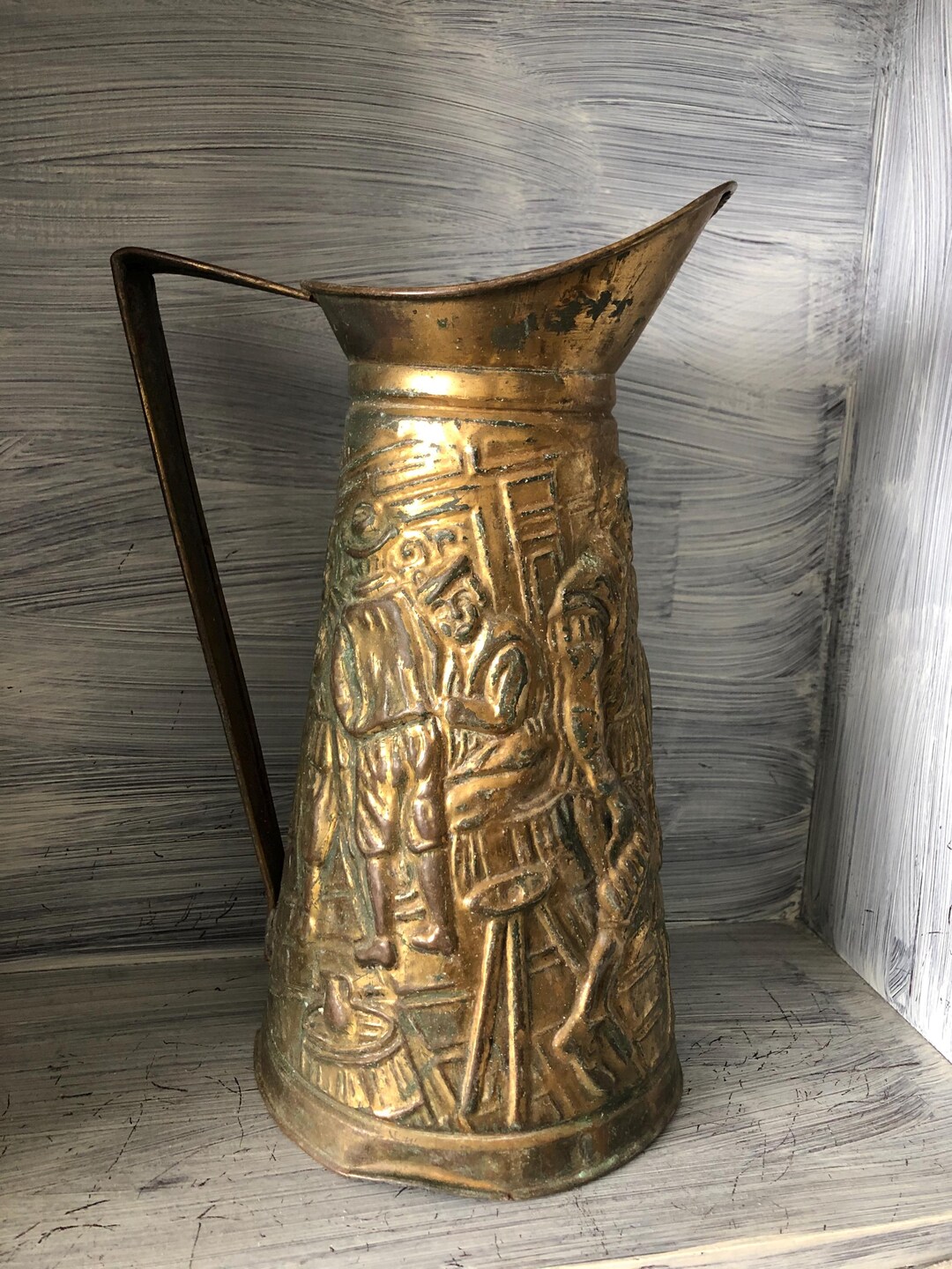 Vintage Hammered Brass Pitcher Embossed Old English Tavern Pub Scene ...