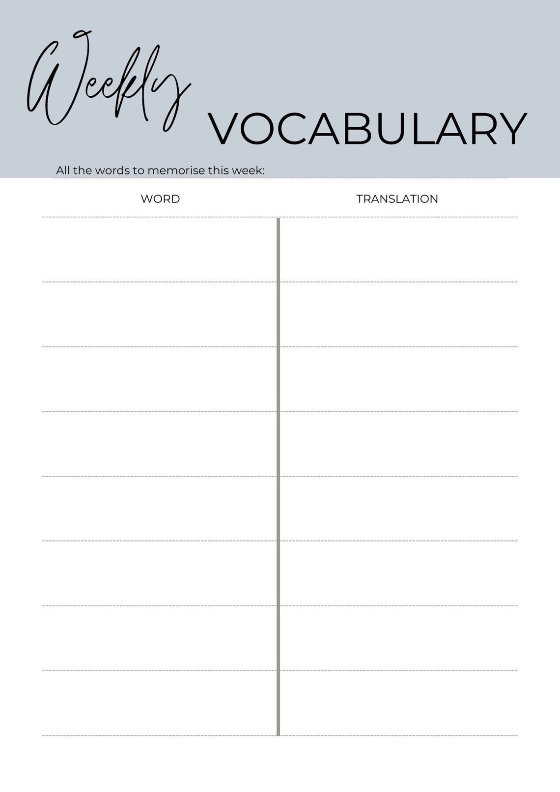 Weekly Vocabulary Practice Sheet Language Learning Sheet Digital ...