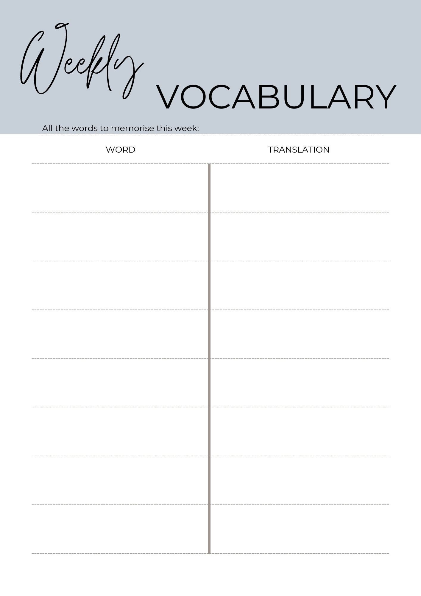Weekly Vocabulary Practice Sheet Language Learning Sheet Digital ...