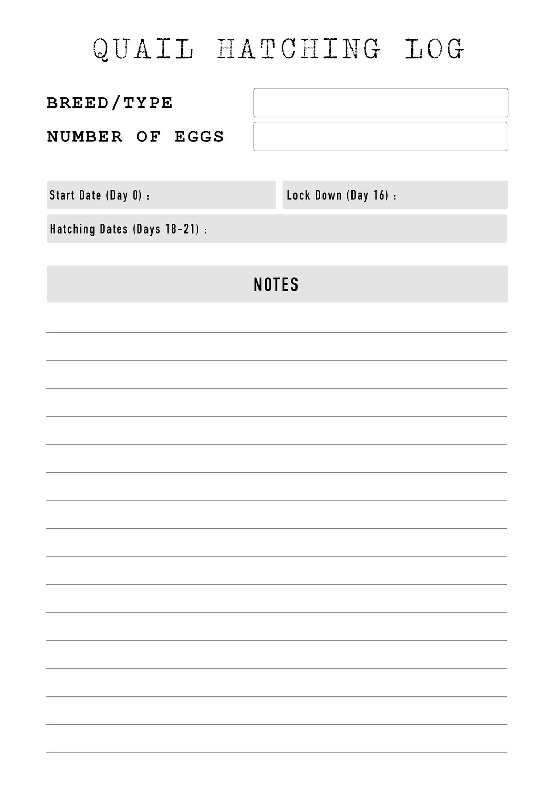 QUAIL HATCHING LOG | Journal for Hatching Quail | Quail Tracker | Quail ...