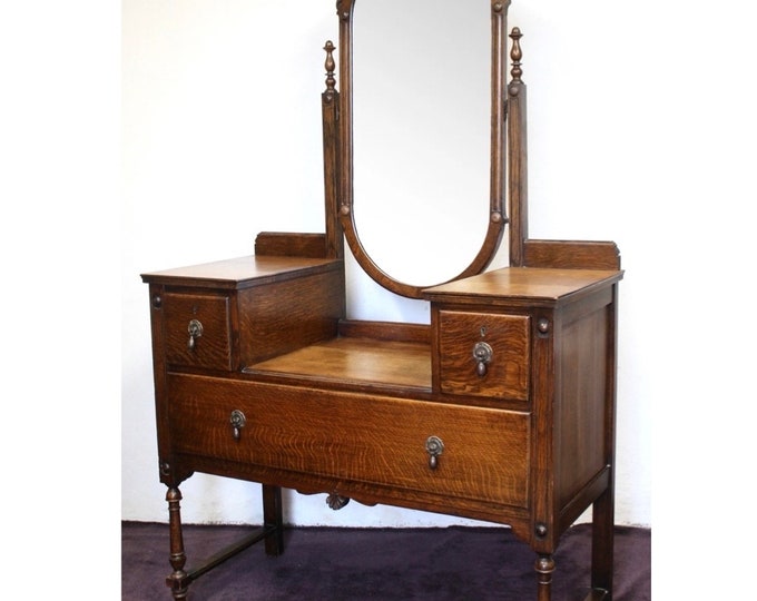 Antique Dressing Table With Mirror, Vintage Oak Vanity, Antique Wooden ...