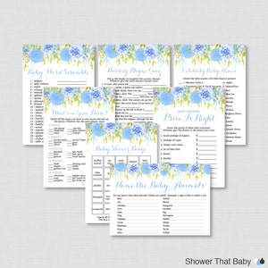 Blue Floral Baby Shower Games Package Seven Printable Games: Bingo ...