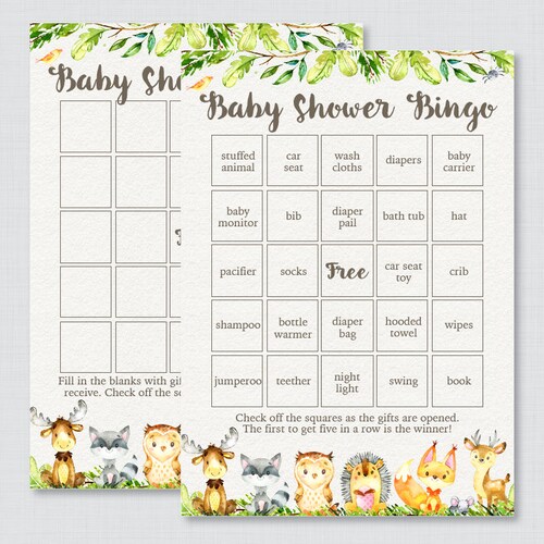 Woodland Baby Shower Bingo Cards Prefilled Bingo Cards AND - Etsy