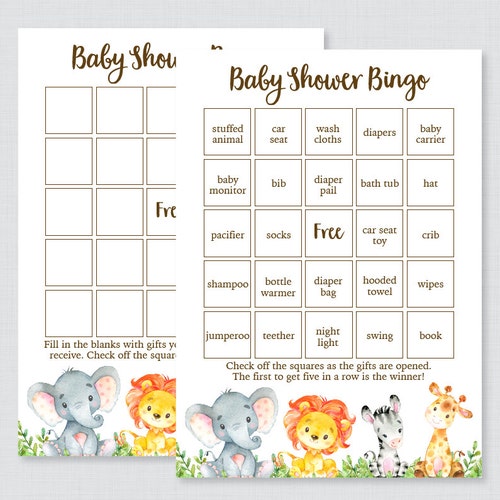 Safari Baby Shower Bingo Cards Printable Blank Bingo Cards - Etsy