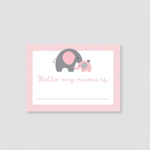 Pink Elephant Name Tag Stickers - Printed Elephant Baby Shower Name Tag ...
