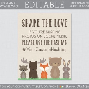 EDITABLE Woodland Baby Shower Hashtag Sign - 8x10 Woodland Animal ...