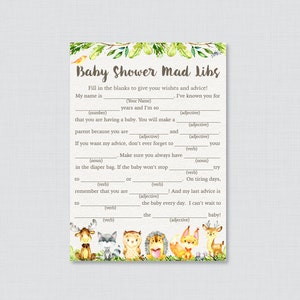 Woodland Animal Baby Shower Mad Libs Printable Gender - Etsy
