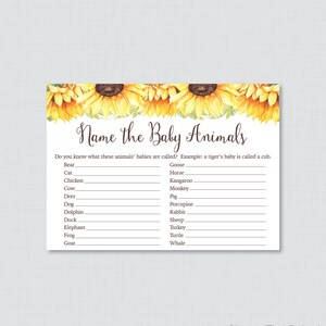 Sunflower Baby Animal Name Game - Baby Shower Baby Animal Name Game ...