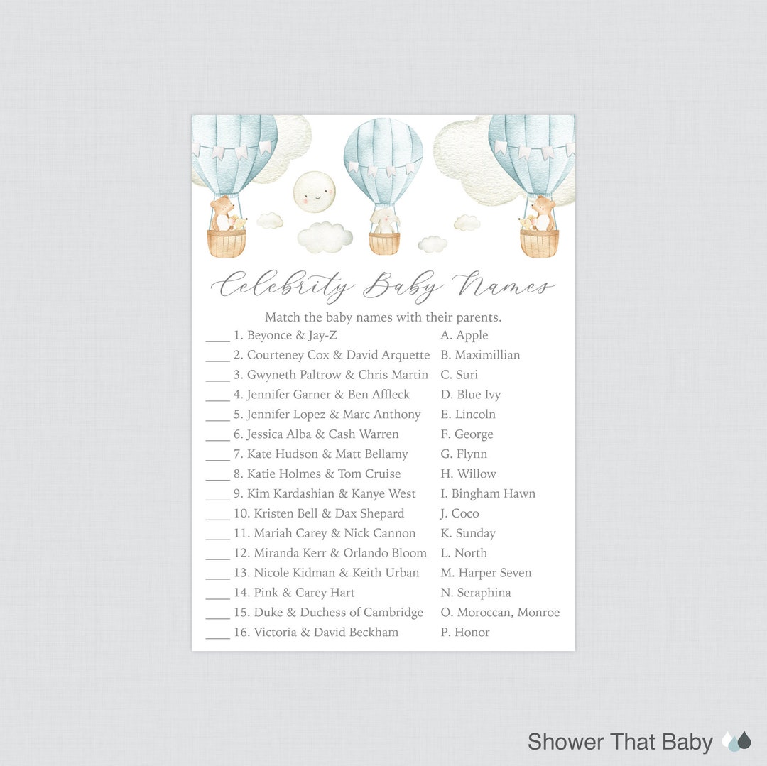 Blue Hot Air Balloon Celebrity Baby Shower Game - Celebrity Baby Name ...
