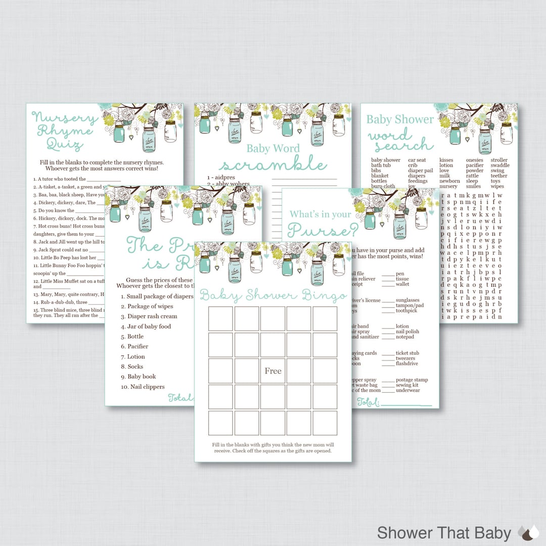 Mason Jar Baby Shower Games Printable Package in Blue, Aqua, and Brown ...
