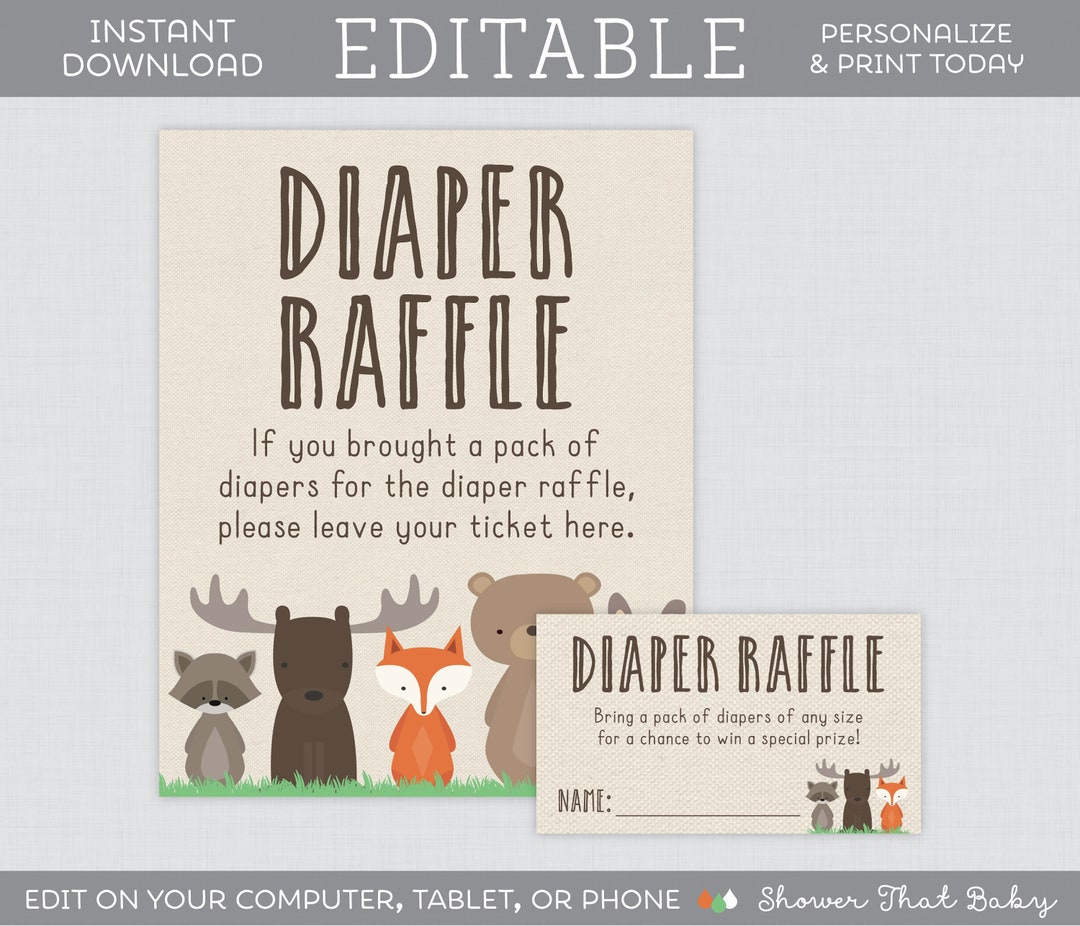 EDITABLE Diaper Raffle Tickets and Sign - Woodland Baby Shower Diaper ...