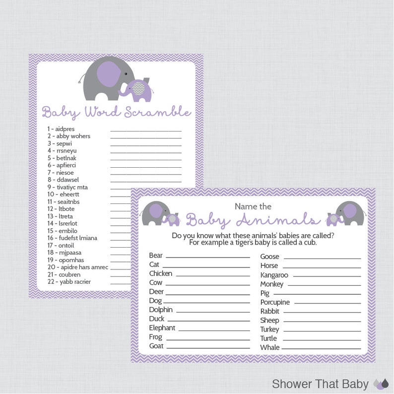 Elephant Baby Shower Games Package in Purple and Gray - Seven Printable ...