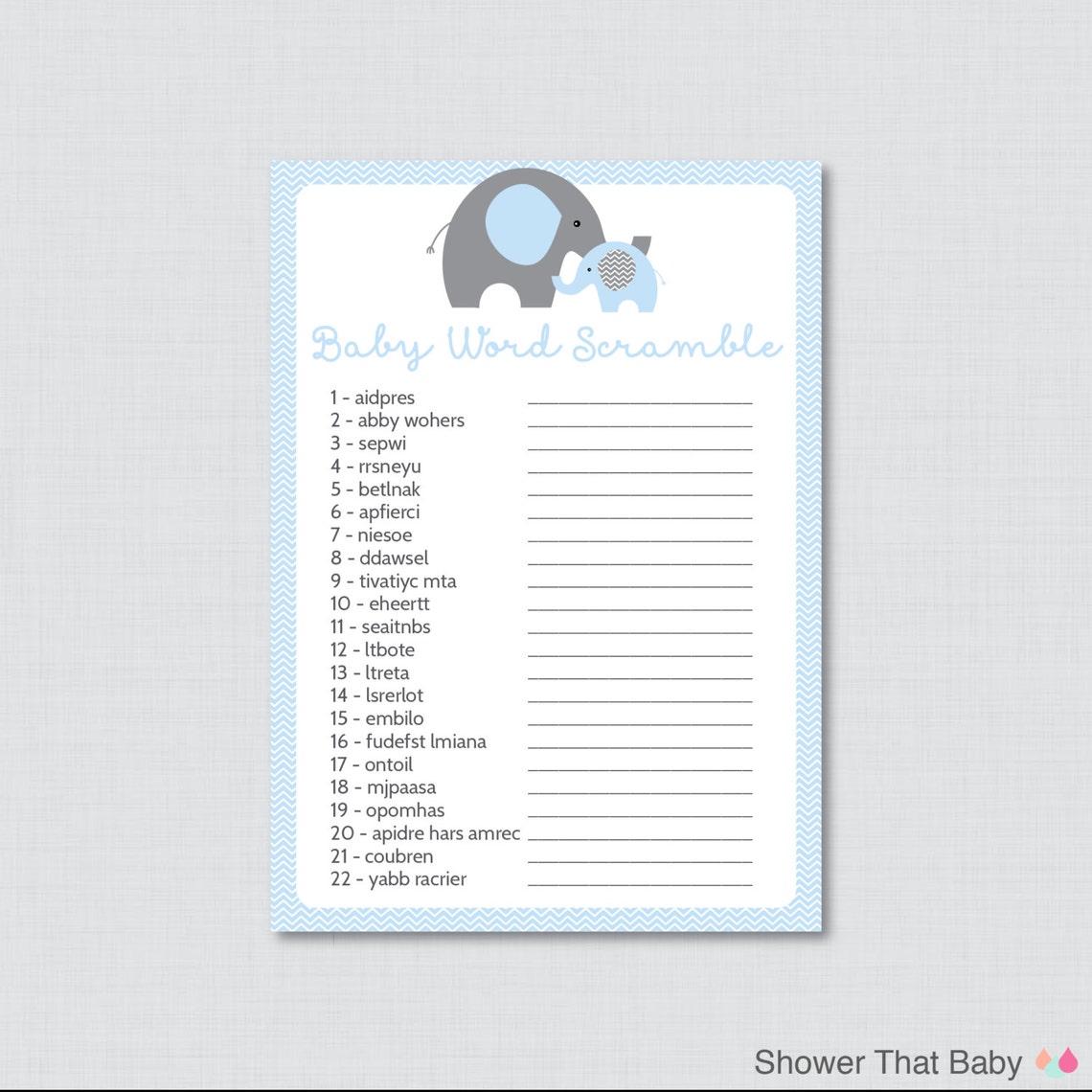 Elephant Baby Shower Word Scramble Game Printable Instant | Etsy
