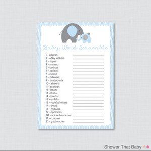 Elephant Baby Shower Word Scramble Game - Printable Instant Download ...