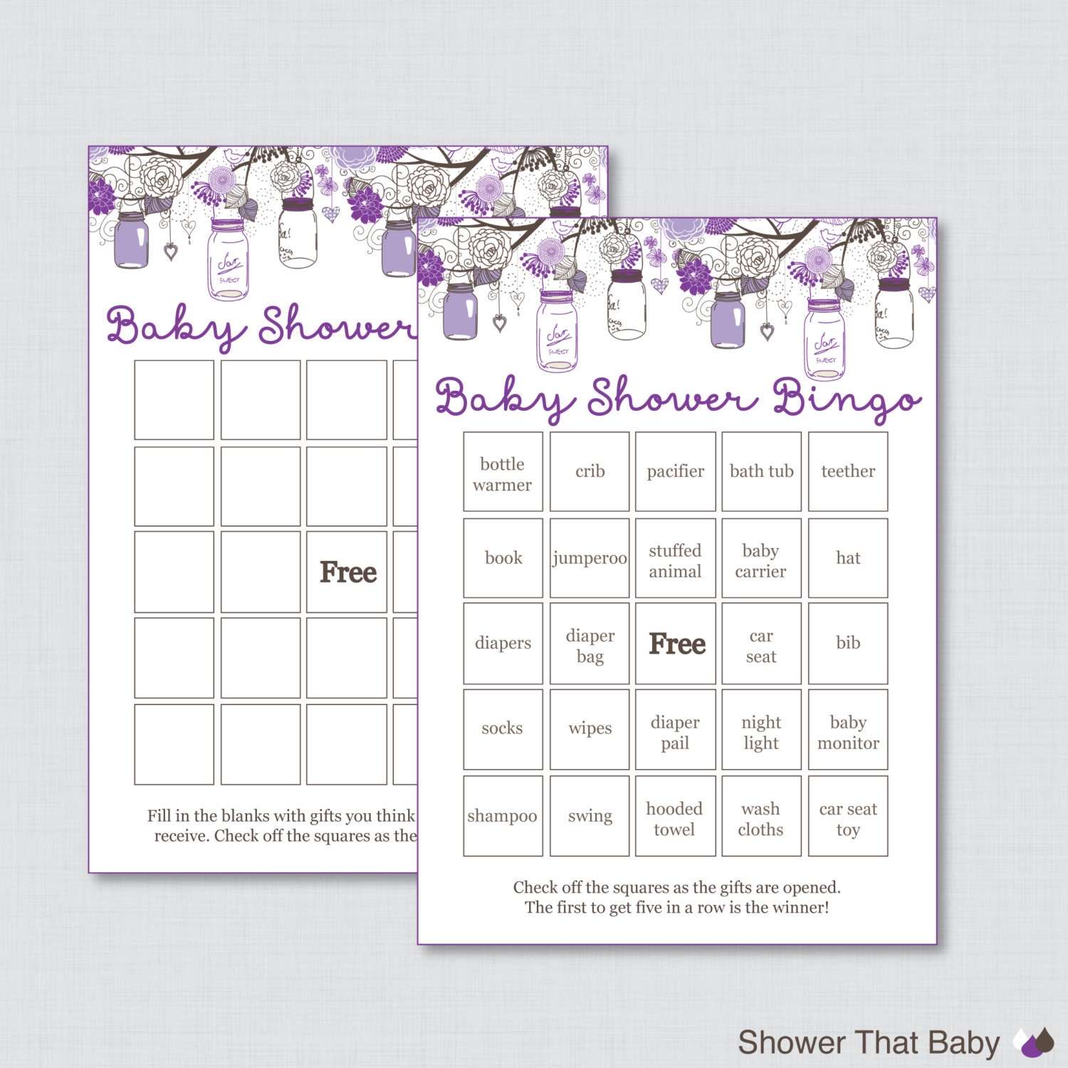 Purple Mason Jar Baby Shower Bingo Cards Printable Prefilled | Etsy