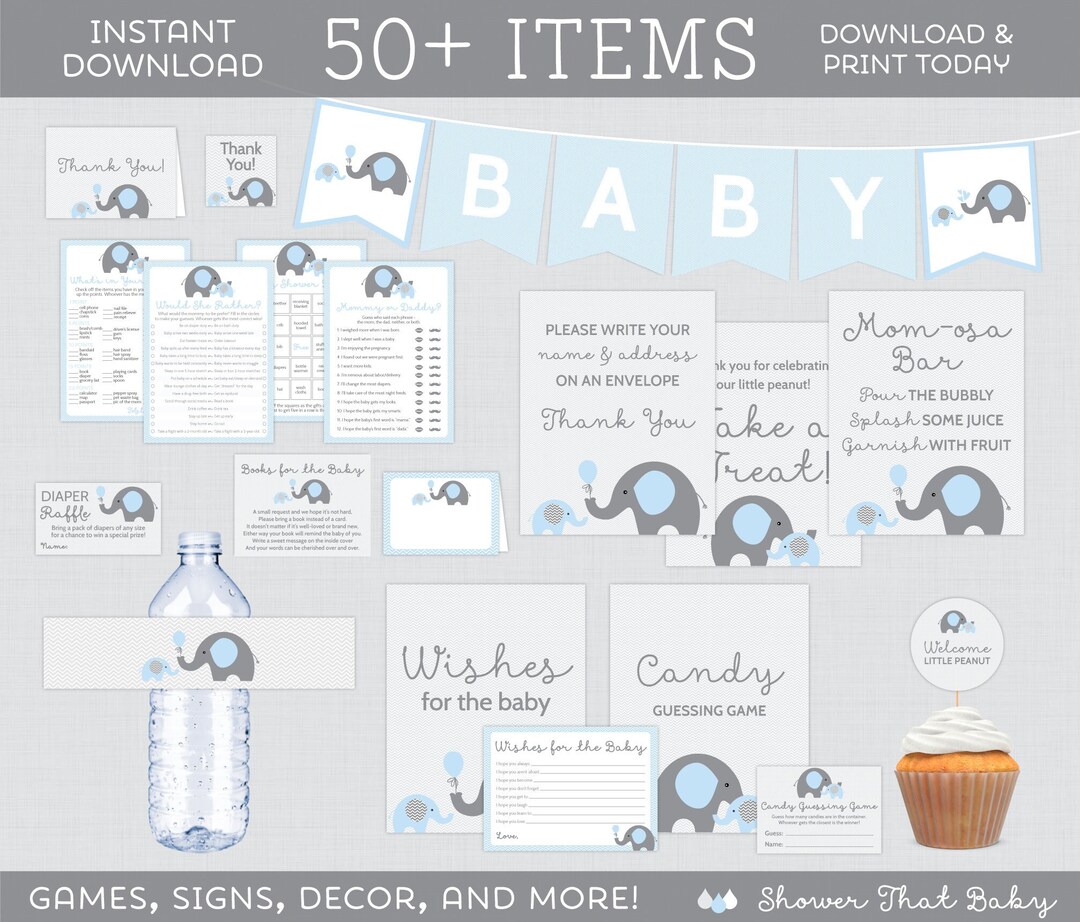 Blue Elephant Baby Shower Bundle - Over 80 Printable Games, Activities ...
